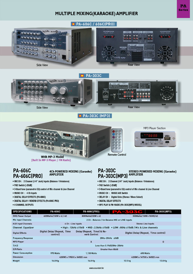PA-303C, 스테레오 2채널 300W 앰프,디지털 에코,마이크입력,외부입력
